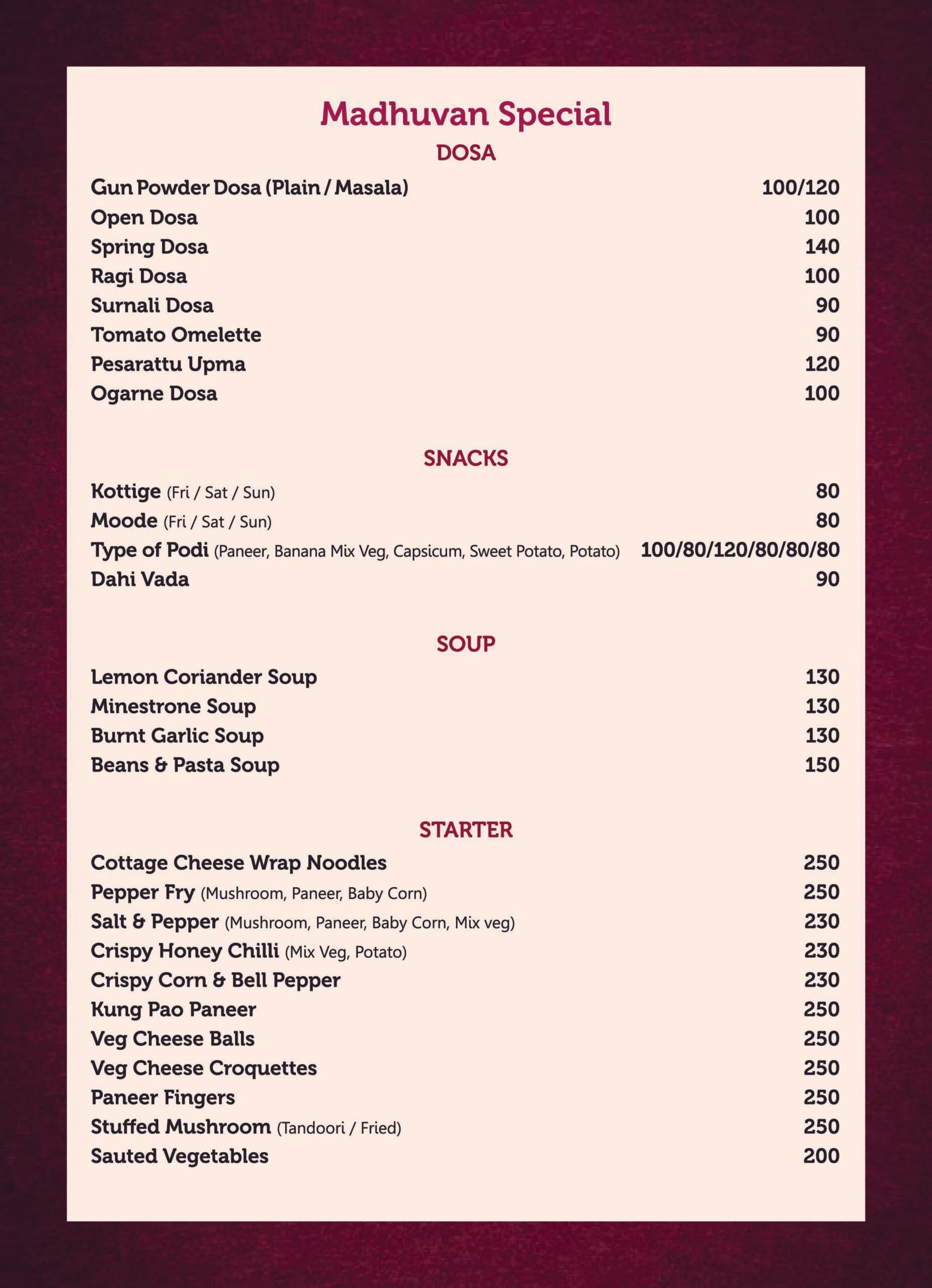 Grand Madhuvan NX Food Menu - AJ Grand Hotel