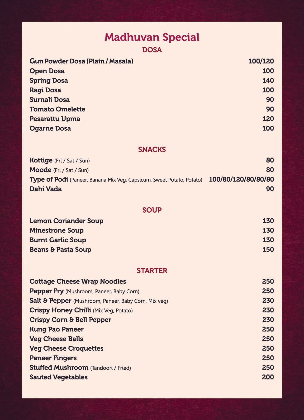 Grand Madhuvan NX Food Menu - AJ Grand Hotel